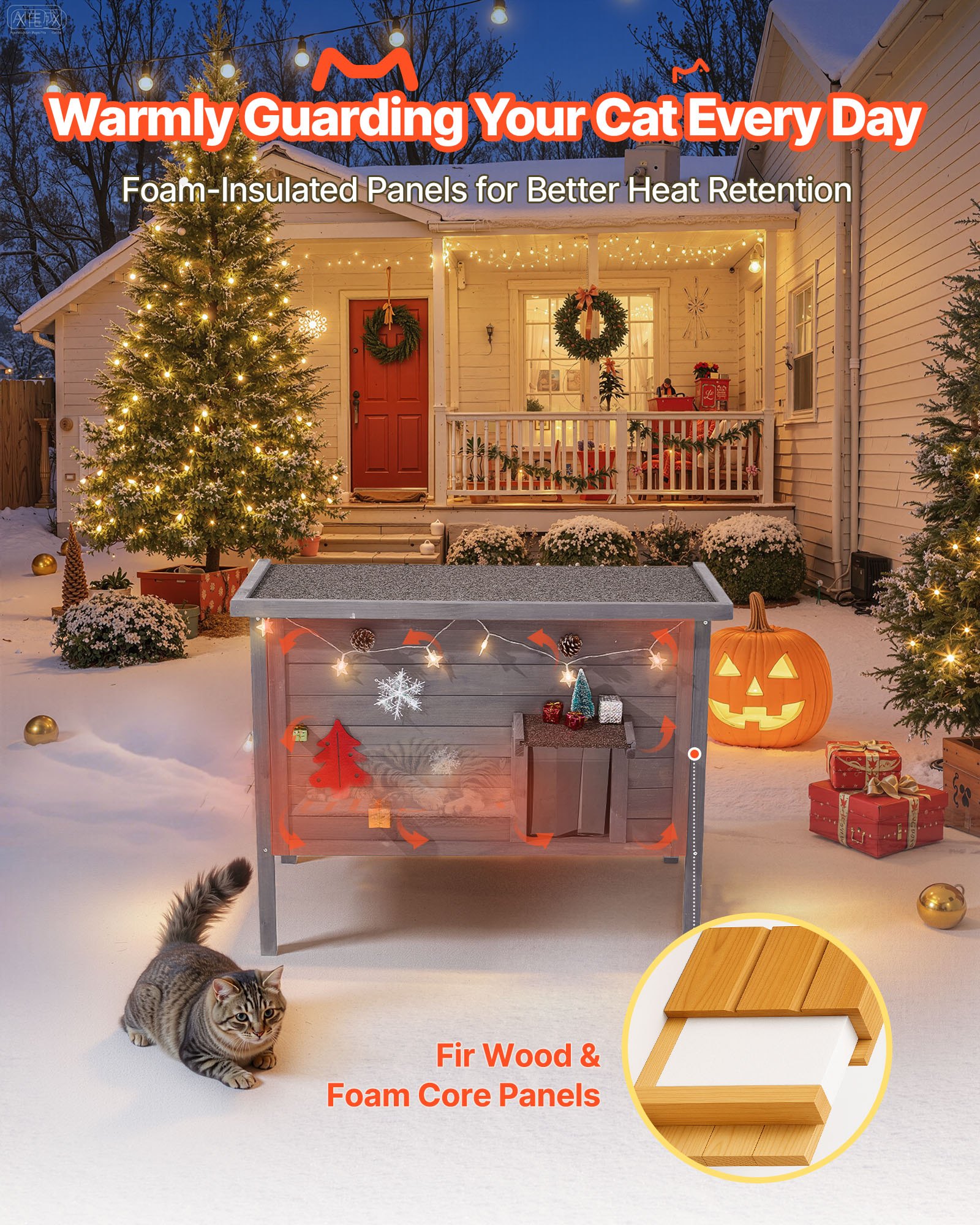 VEVOR Heated Cat House, Insulated Wooden Cat House for Outdoor Cats ...