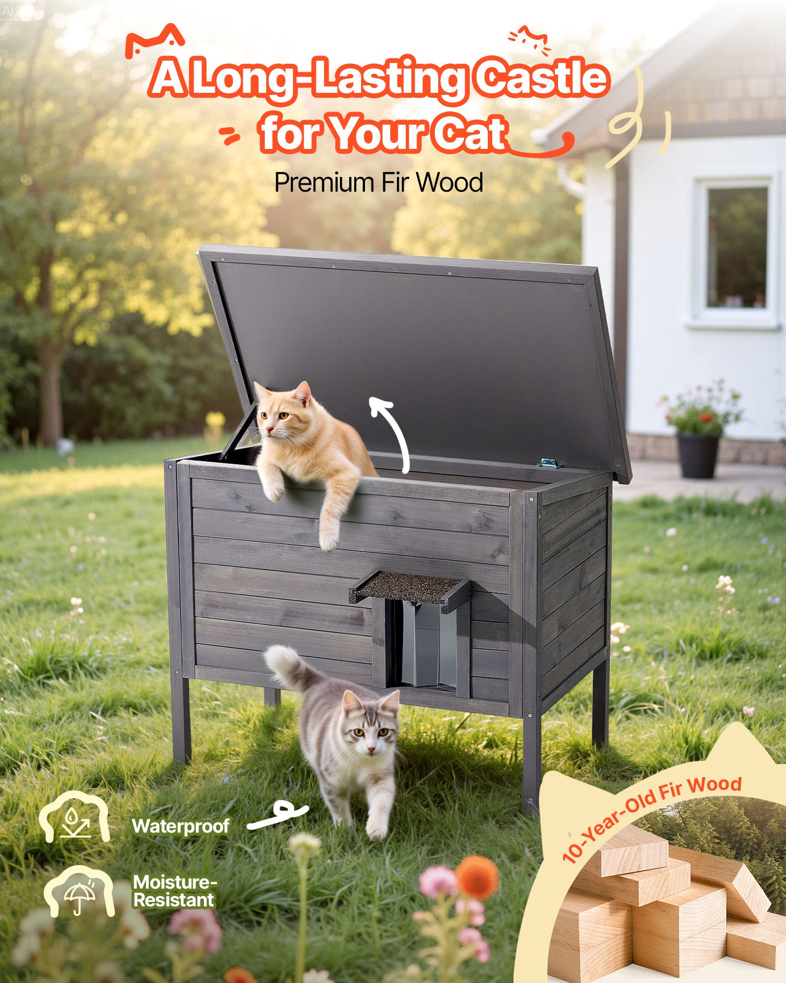 VEVOR Heated Cat House, Insulated Wooden Cat House for Outdoor Cats ...