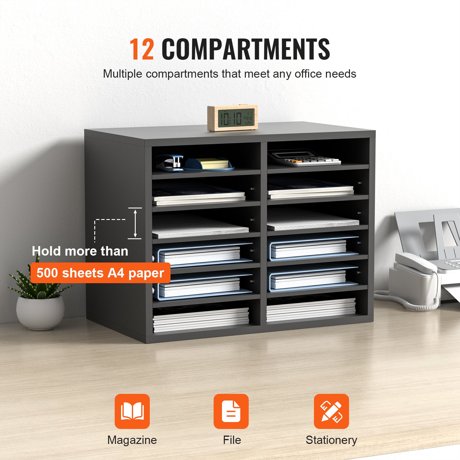 VEVOR Wood Literature Organizer, 12 Compartments, File Sorter with ...