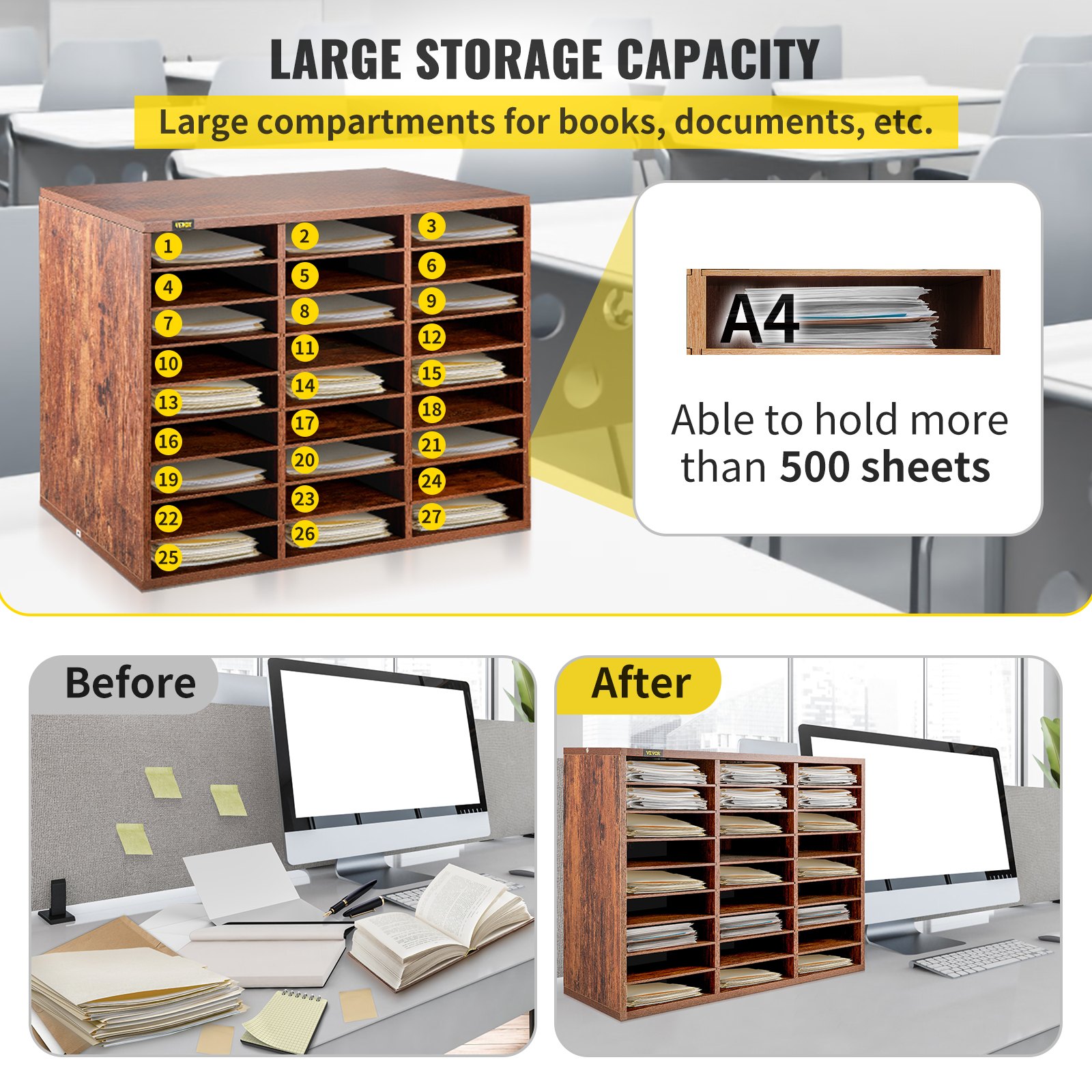 VEVOR 27 Compartments Wood Literature Organizer, Adjustable Shelves ...