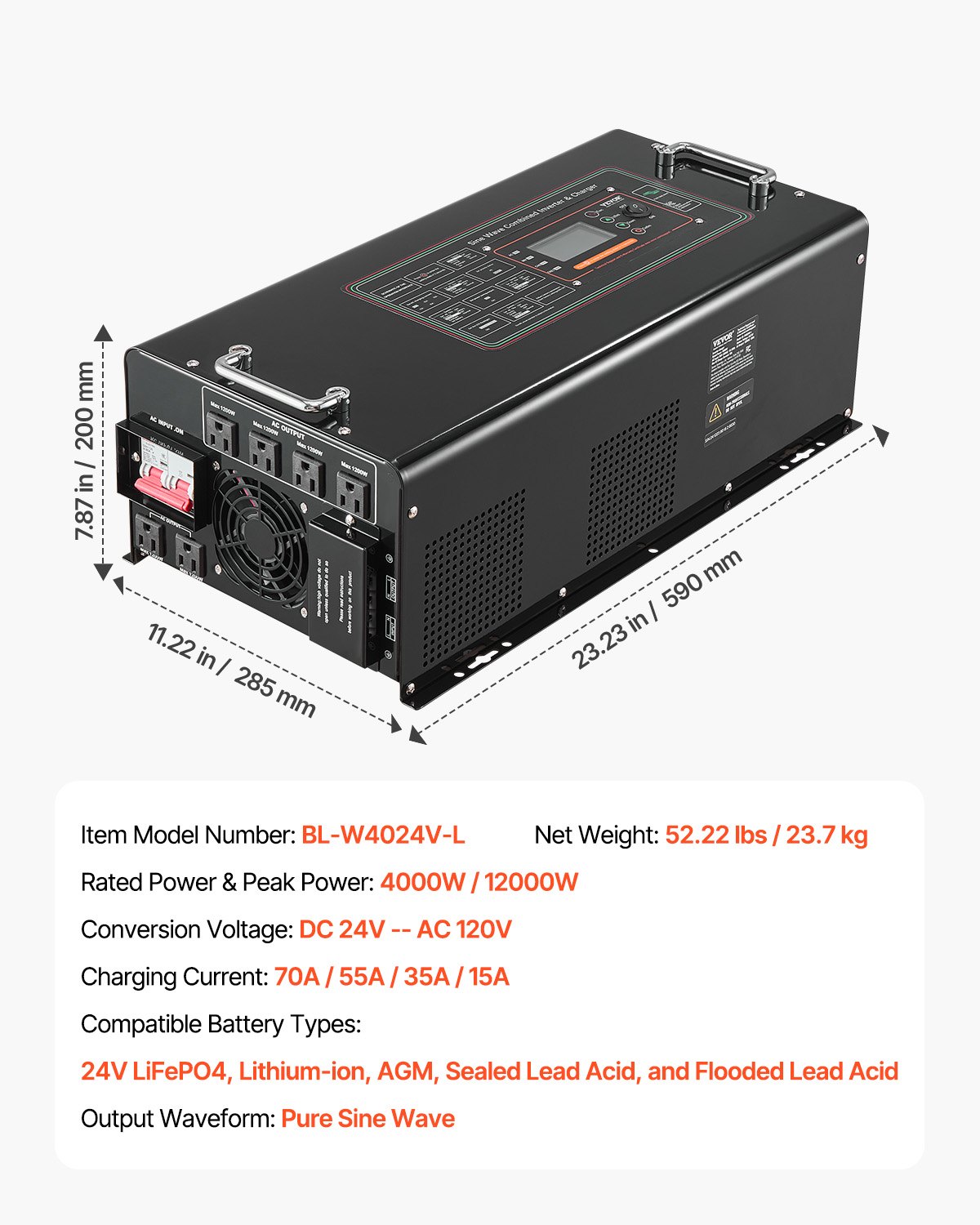 VEVOR Pure Sine Wave Inverter Charger, 4000 Watt, DC 24V to AC 120V ...