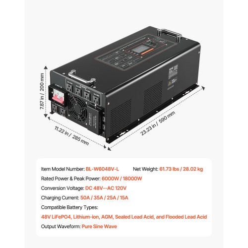 6000W Pure Sine Wave Inverter Charger DC 48V to AC 120V Power Inverter ...