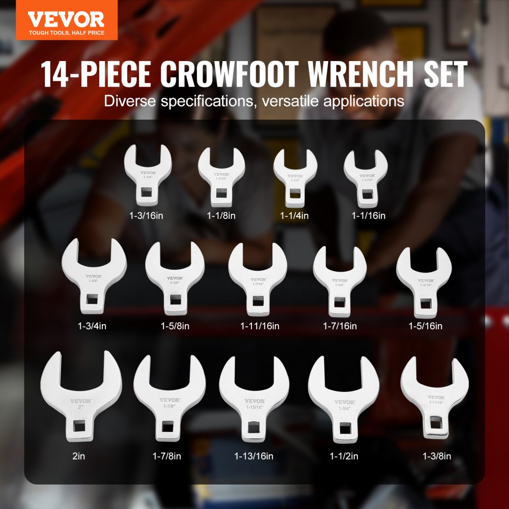 VEVOR Crowfoot Wrench Set, 1/2" Drive 14-Piece SAE (1-1/16" - 2") Crows ...