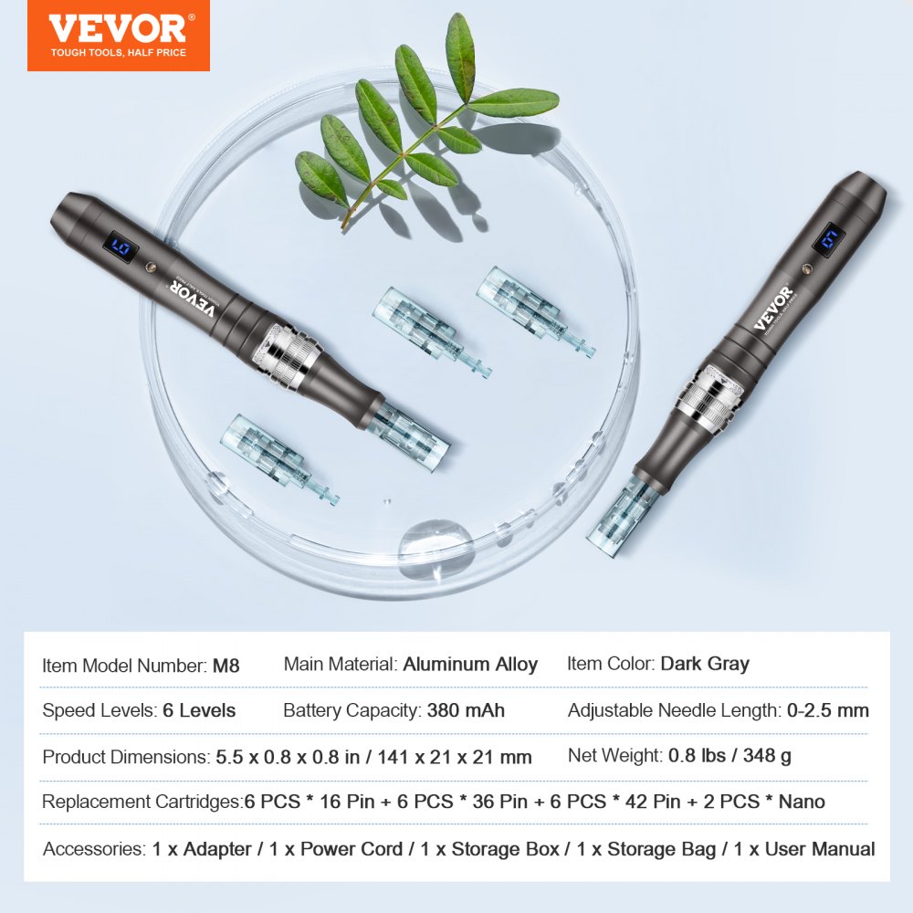 VEVOR At Home Microneedling Pen – 6 Speed, 20 Tips, 0-2.5mm