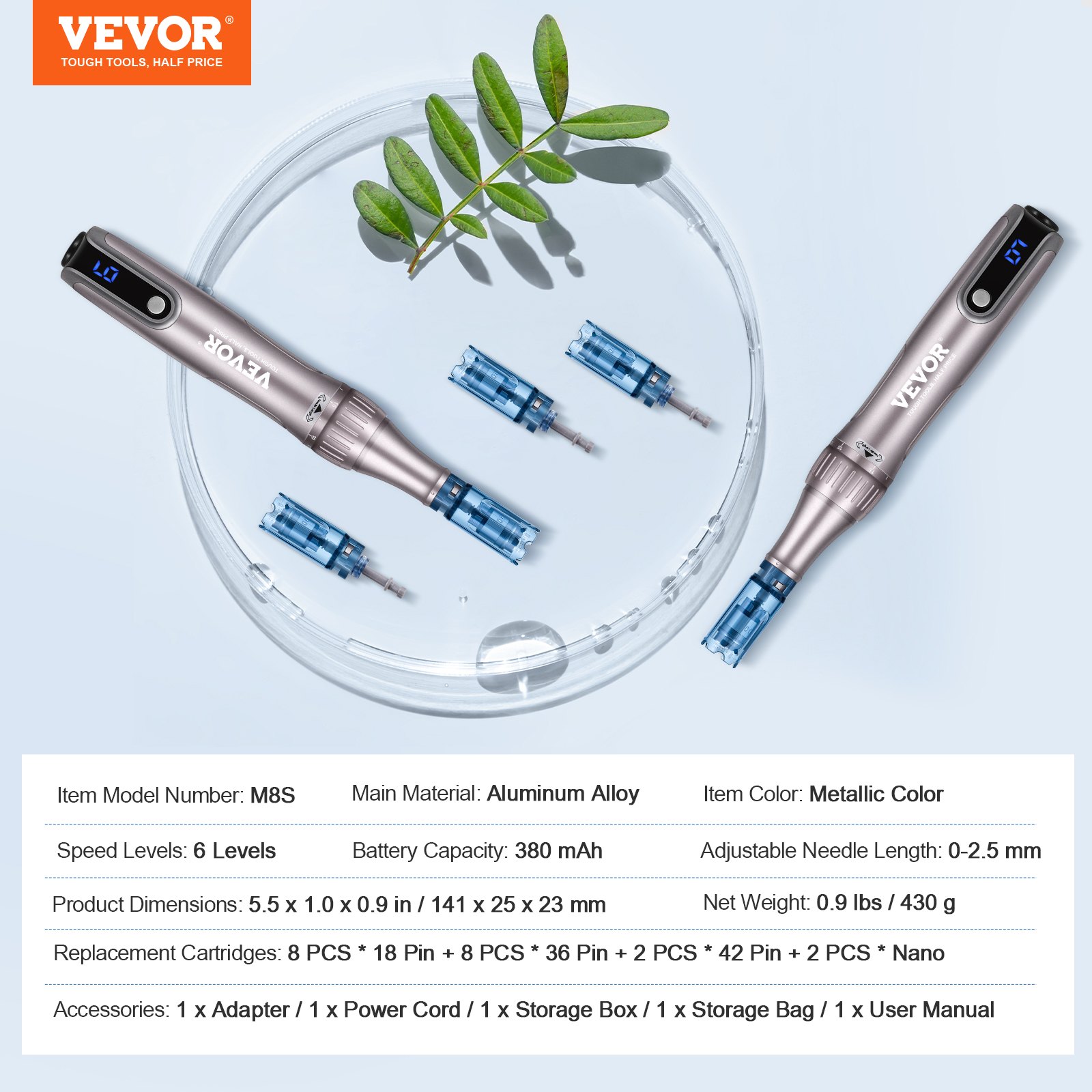 VEVOR Microneedling Derma Pen M8S – 6 Speed, 20PCS, 0-2.5mm