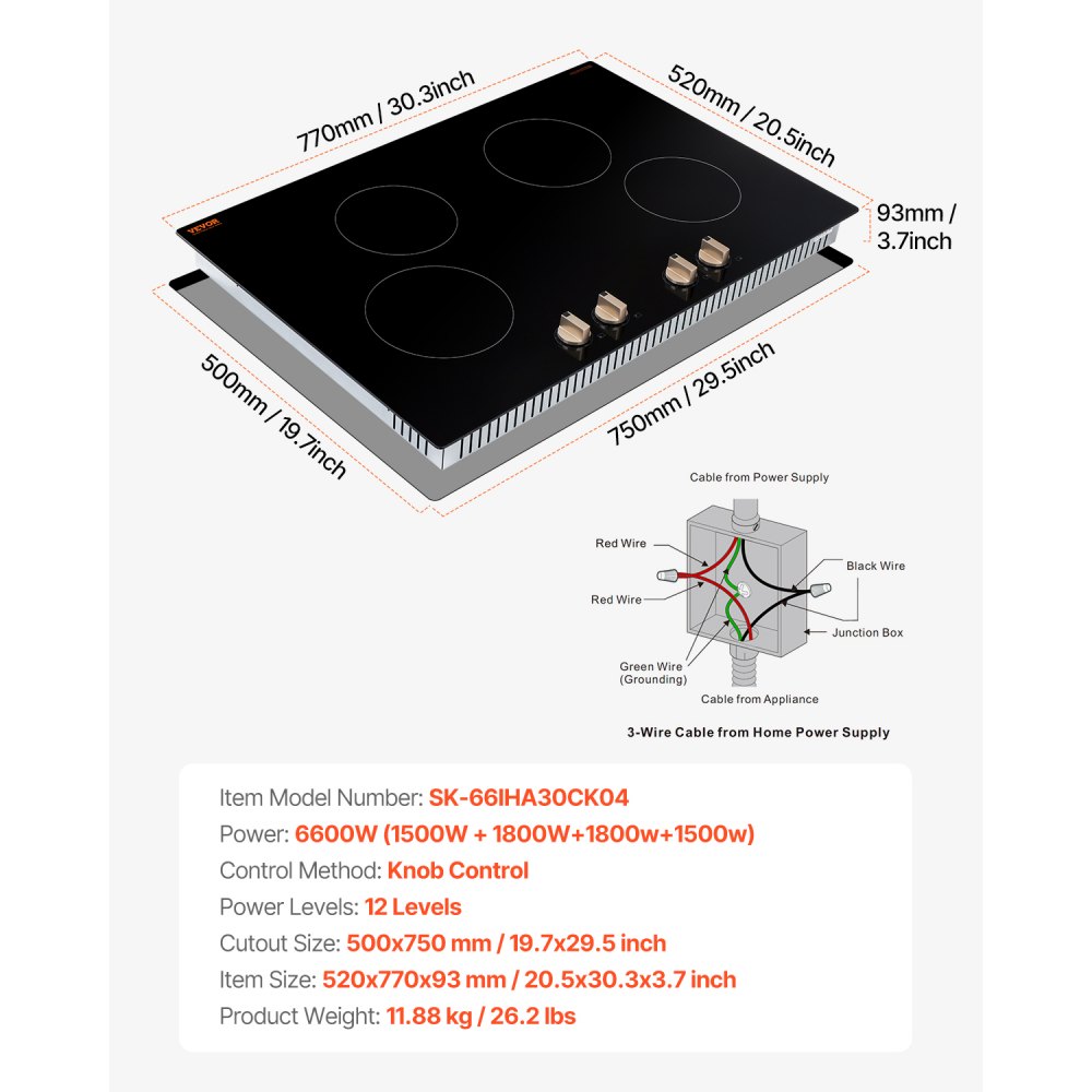 VEVOR Electric Cooktop With Front Controls – 6600W 4 Burner