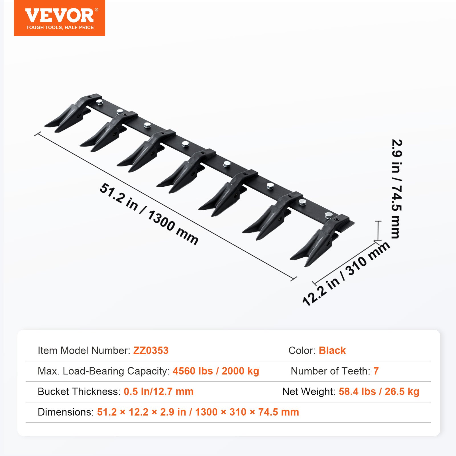 VEVOR Bucket Tooth Bar, 53'', Heavy Duty Tractor Bucket Teeth Bar for ...