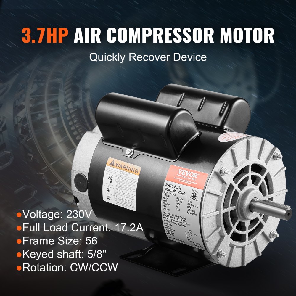 3.7HP Air Compressor Electric Motor 230V 17.2A 3450RPM 56 Frame CW/CCW ...