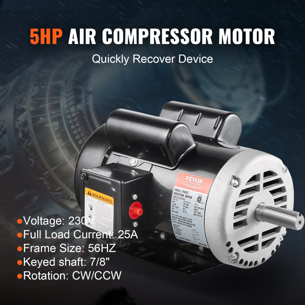 5HP Air Compressor Electric Motor 230V 25A 3450RPM 56Hz Frame CW/CCW ...