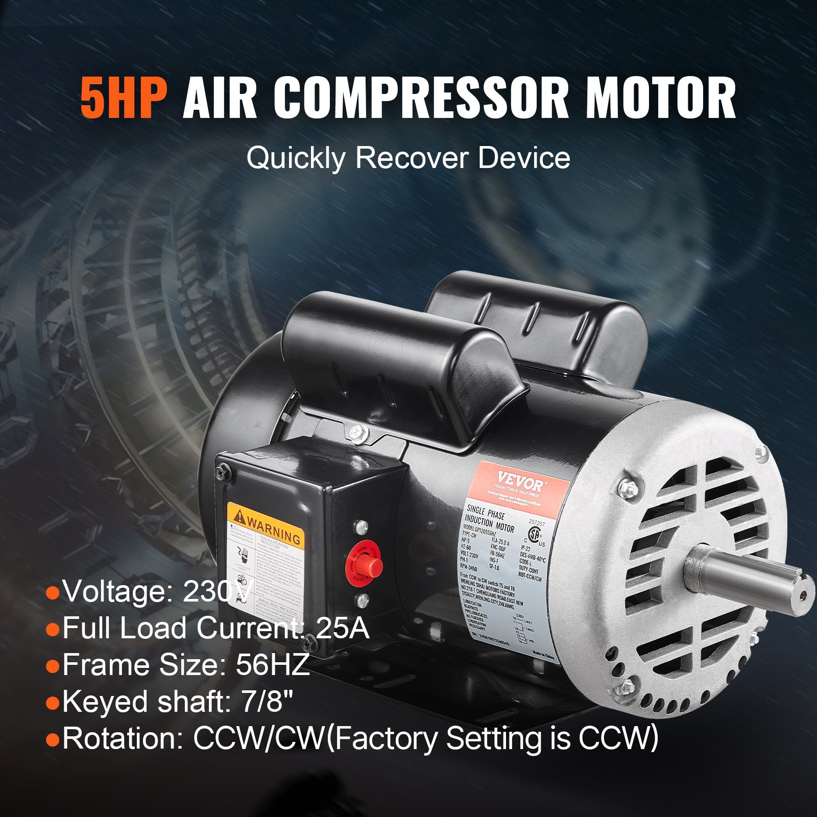 VEVOR 5HP Air Compressor Electric Motor, 230V 25 Amps, 56HZ Frame ...