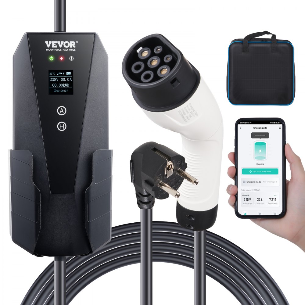 VEVOR Portable EV Charger Type 2, 16A 3.7kW, Electric Vehicle Car Charger with 28 ft Charging ...