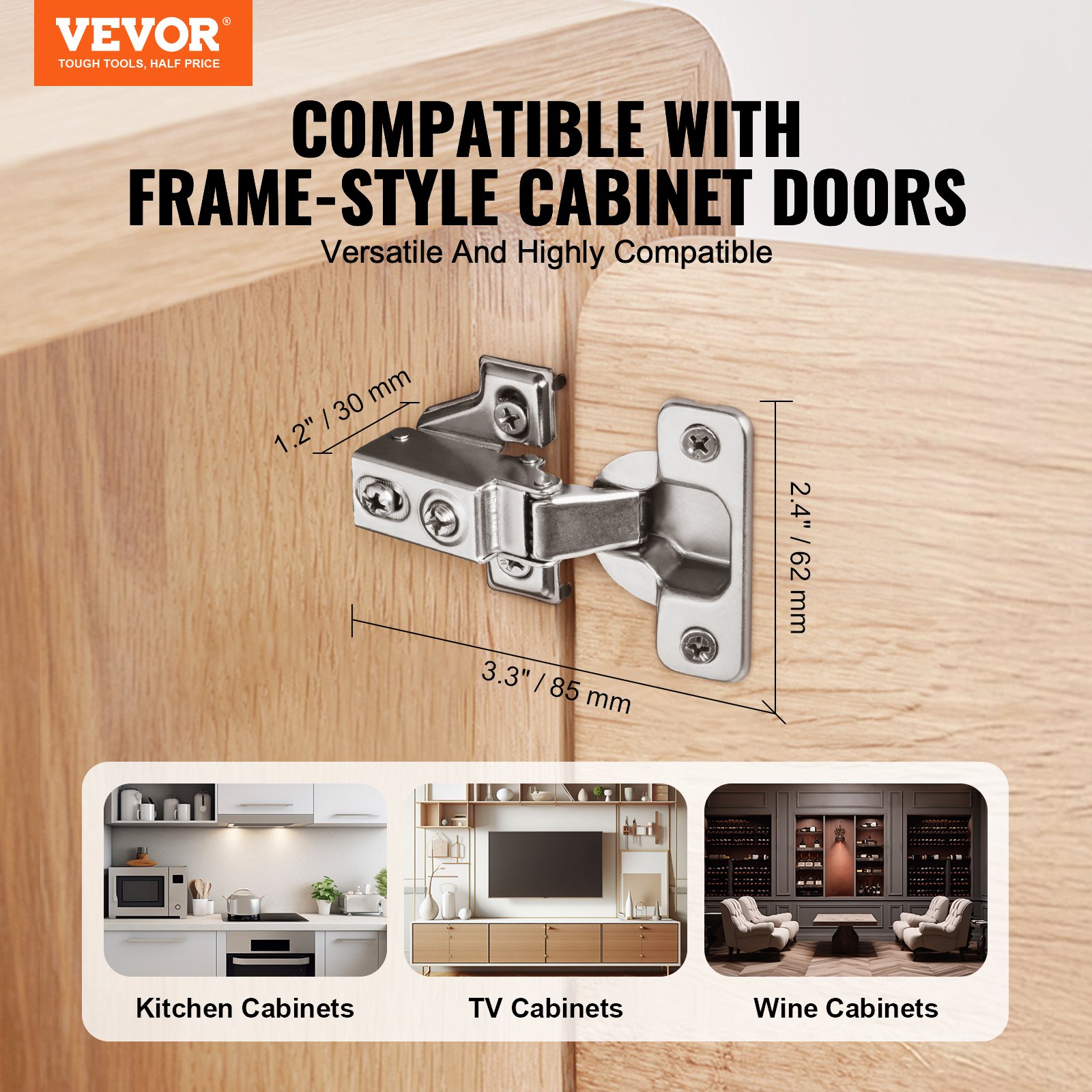 VEVOR Cabinet Hinges, 60 Packs Partial Overlay Kitchen Cabinet Door ...