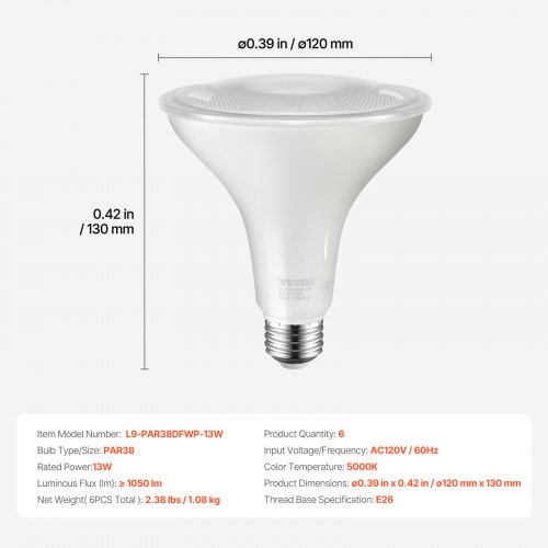 PAR38 Outdoor Flood Light Bulb 6 Pack 1050 Lumens LED Bulbs 5000K ...