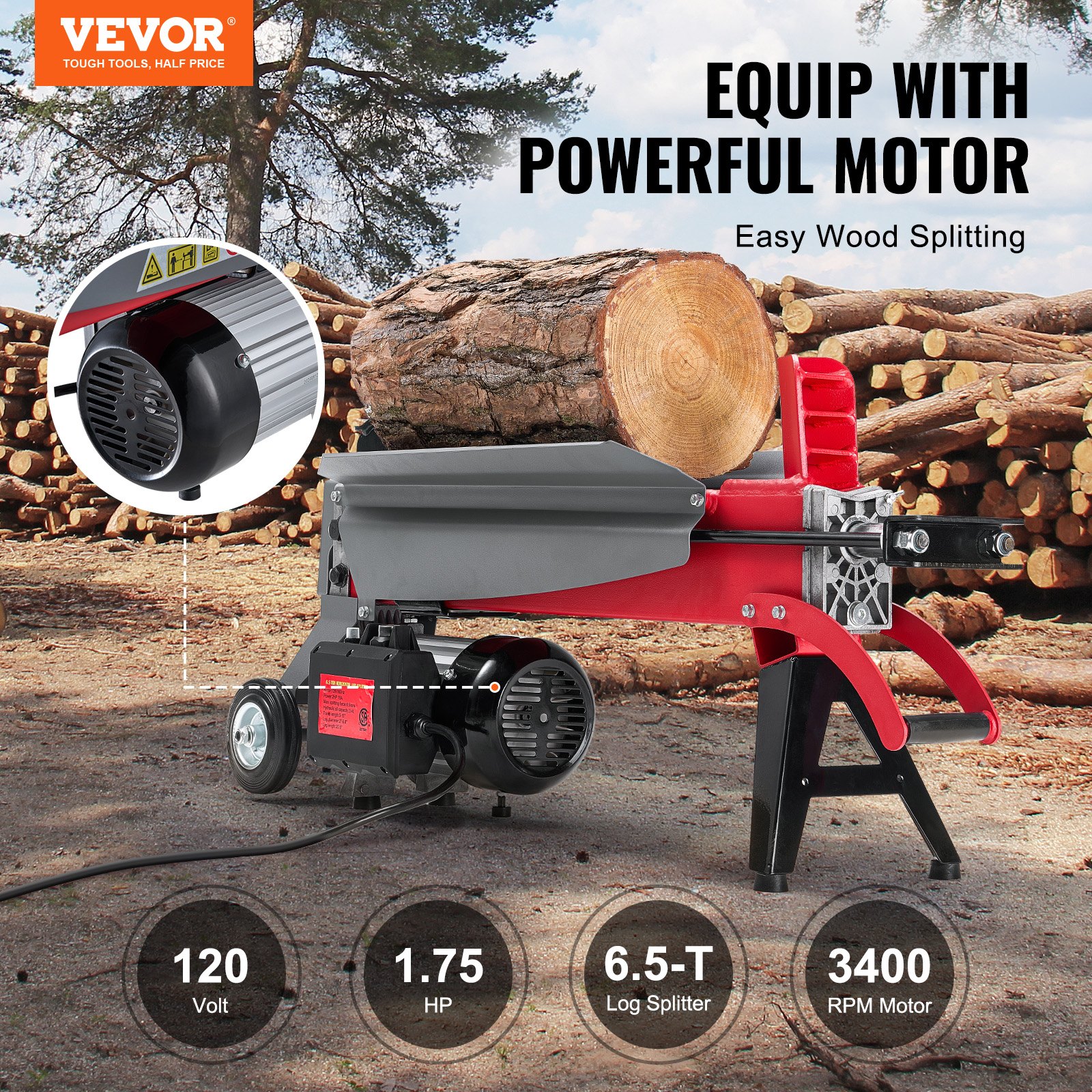 VEVOR 6.5T Force Electric Log Splitter 3400 RPM Log Splitter with 1.75 ...