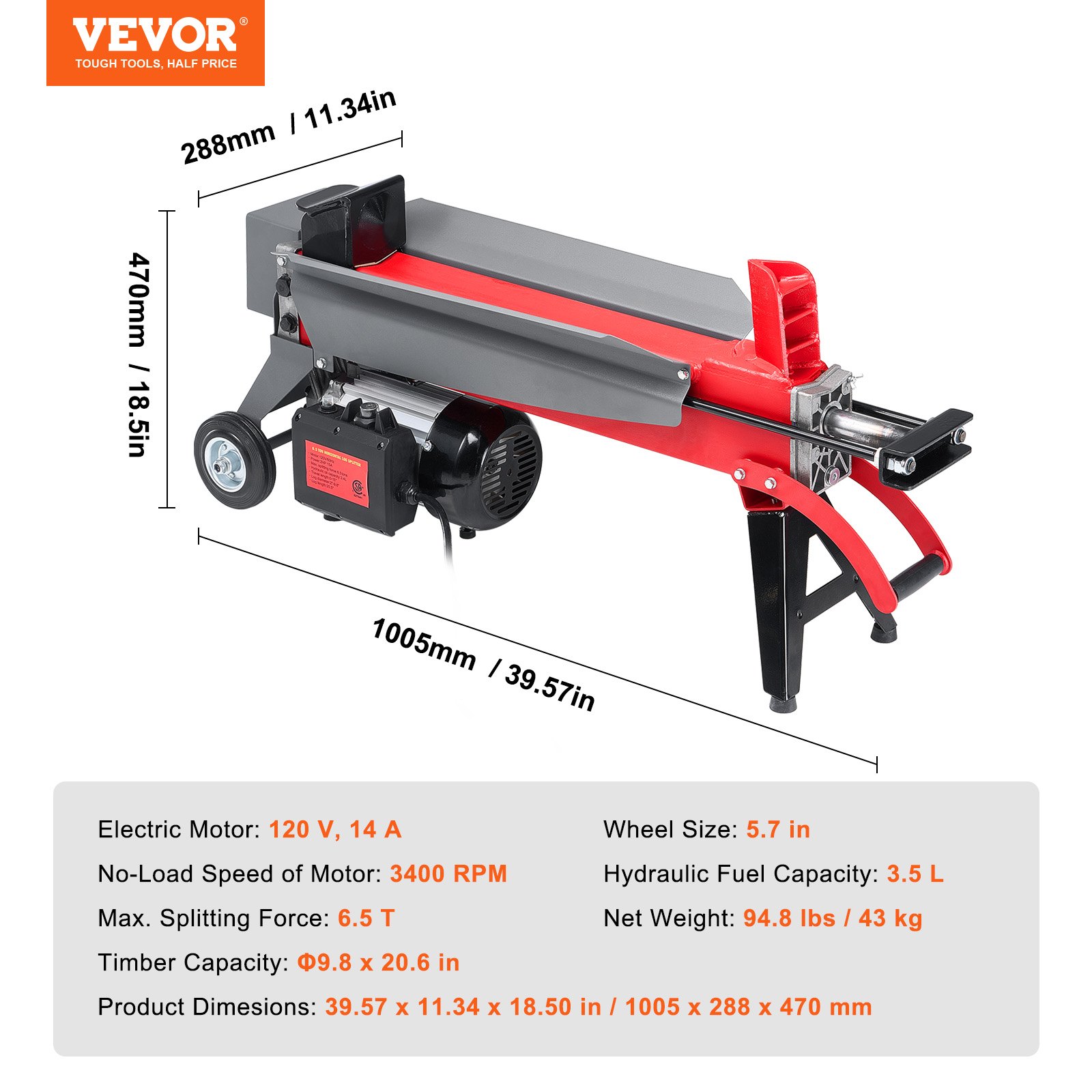 VEVOR 6.5T Force Electric Log Splitter 3400 RPM Log Splitter with 1.75 ...
