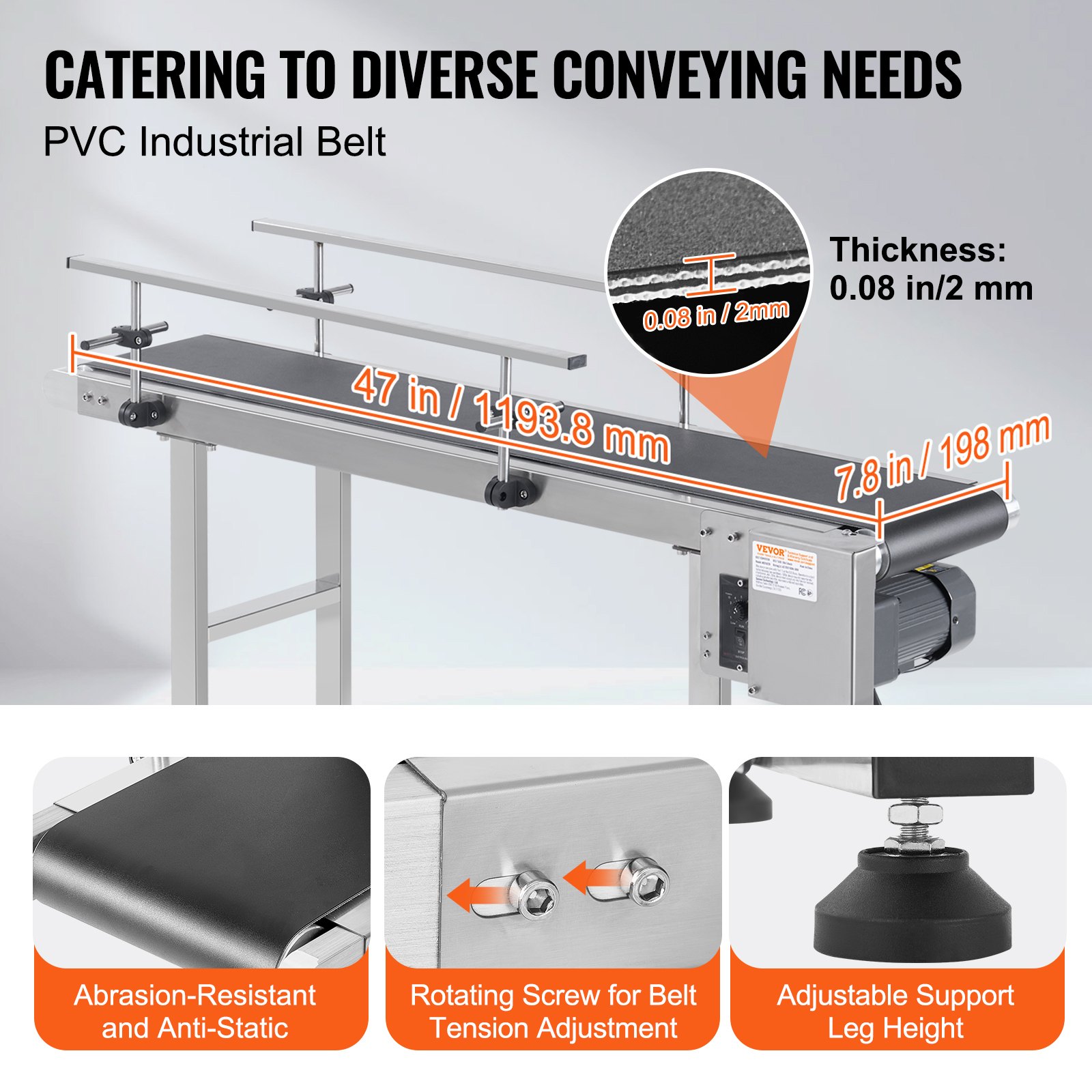 VEVOR Belt Conveyor, 47 x 7.8 inch Conveyor Table, Heavy Duty Stainless ...