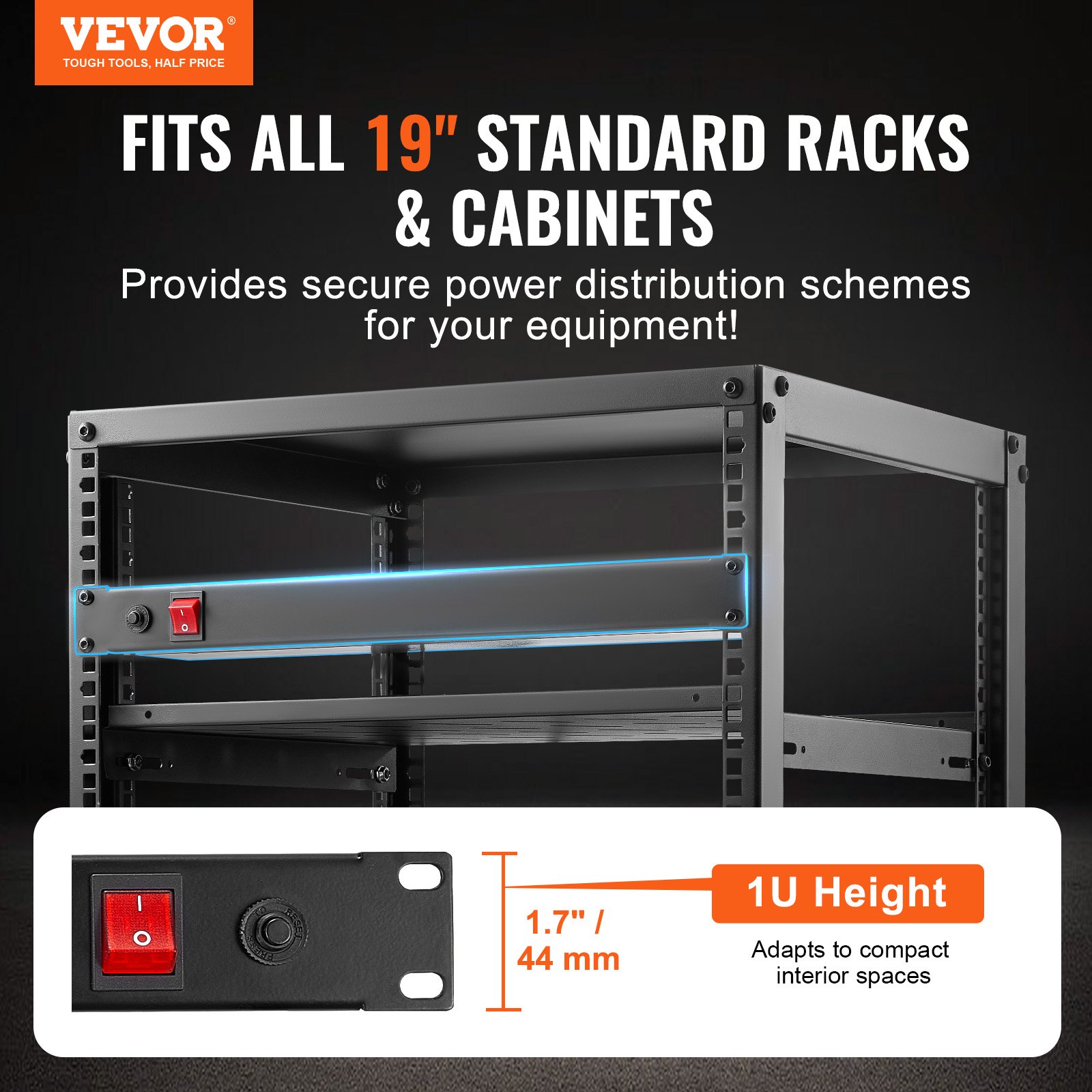 VEVOR 19 Inch Rack Mount Power Strip - 15A, 8 outlets