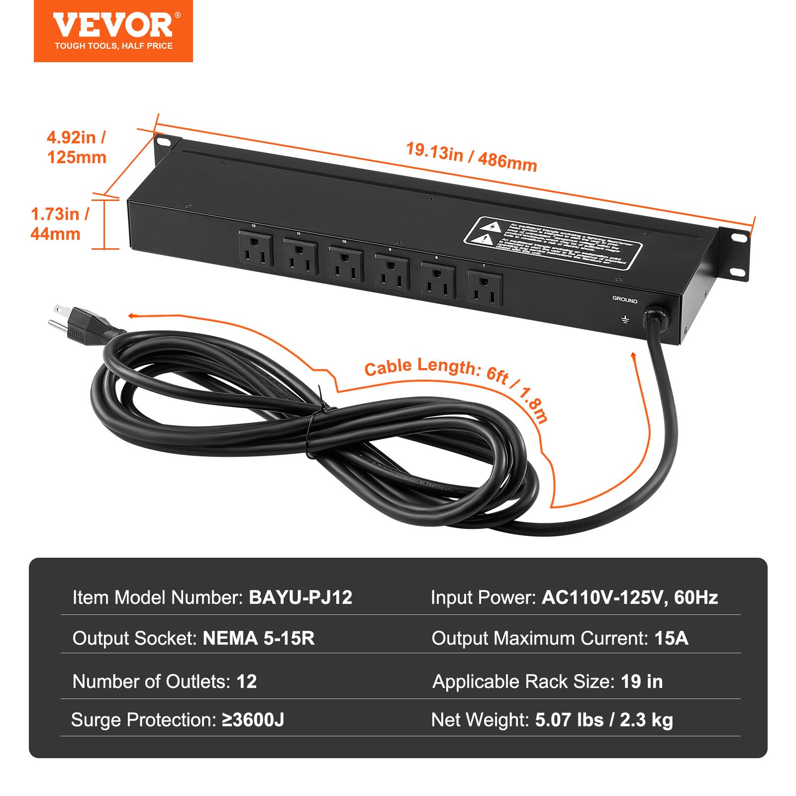 VEVOR 1U PDU, 12 Outlets, Rack Mount Power Strip Fits Standard 19 ...