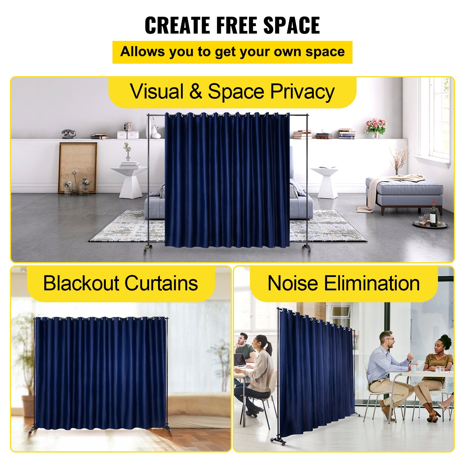 VEVOR Room Divider Kit, 8 ft x 10 ft, 4 Rolling Wheels Curtain Divider ...