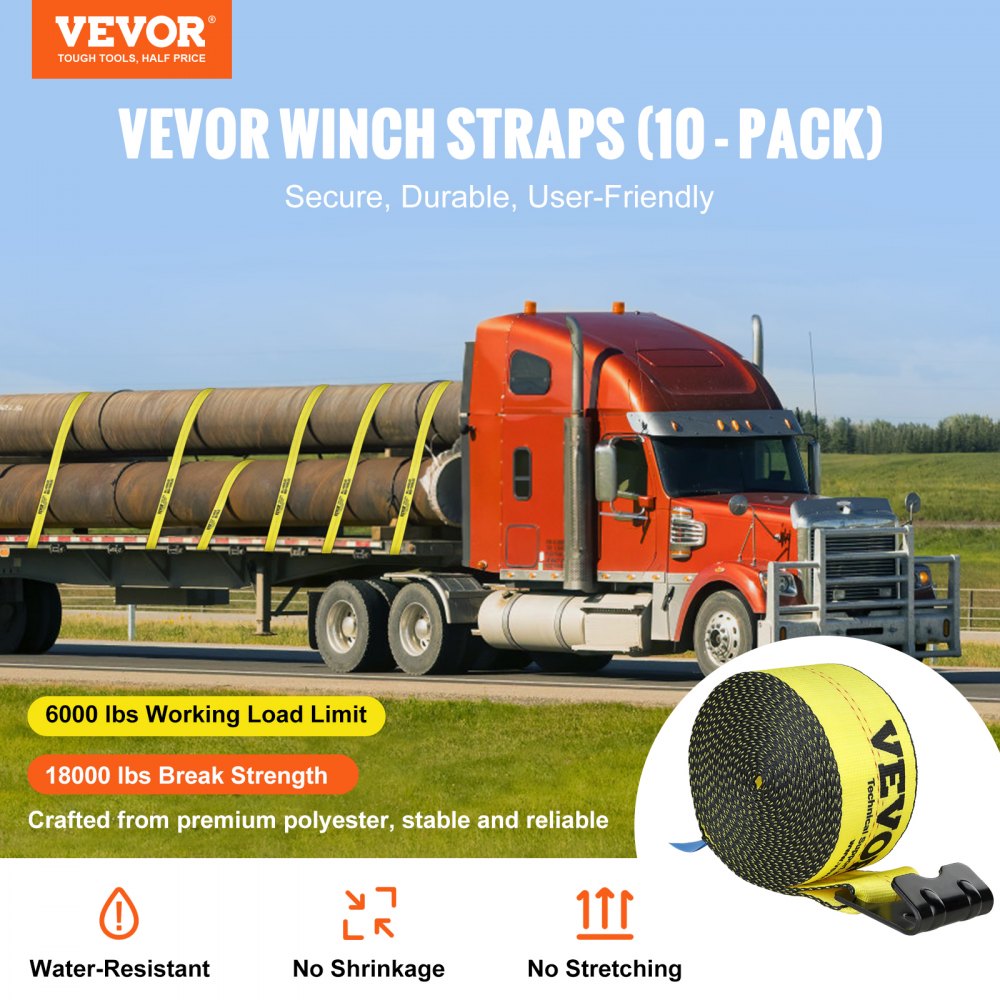 VEVOR Winch Straps, 4" x 30', 6000 lbs Load Capacity, 18000 lbs Break ...