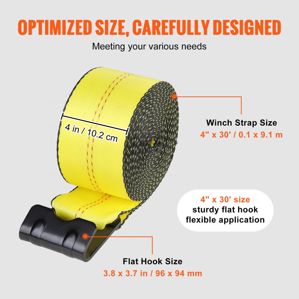 VEVOR Winch Straps, 10.2 cm x 9.1 m, 2.7T Load Capacity, 8.2T Break ...