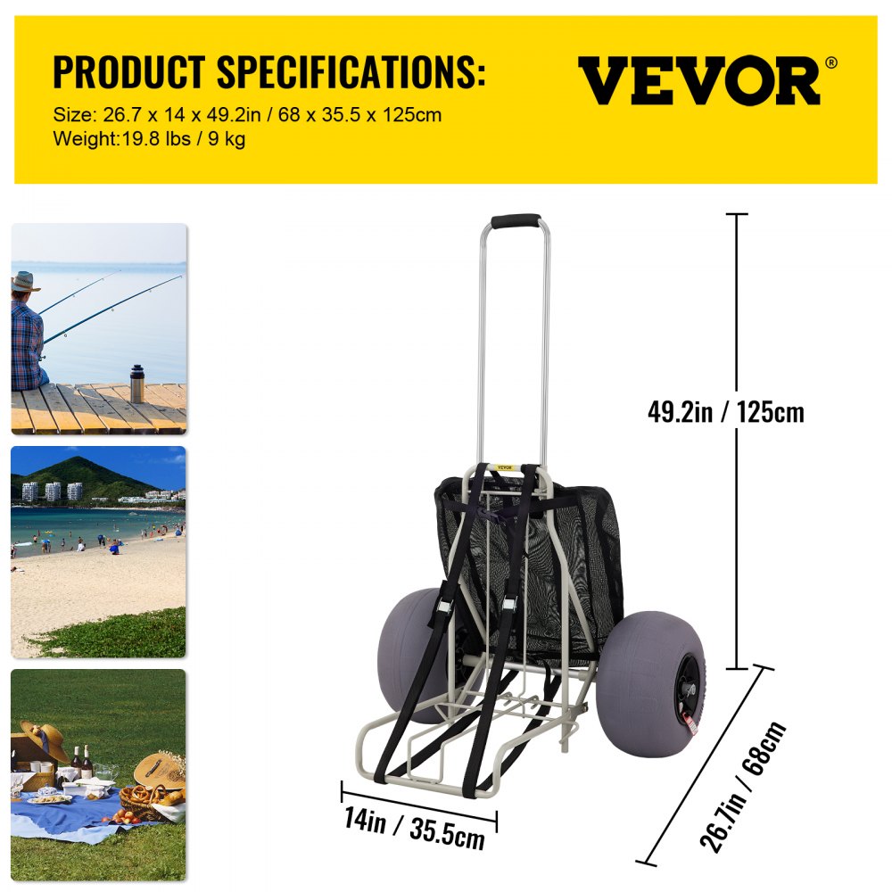 VEVOR Beach Carts for Sand, 14" x 14.7" Cargo Deck, w/ 13" TPU Balloon ...