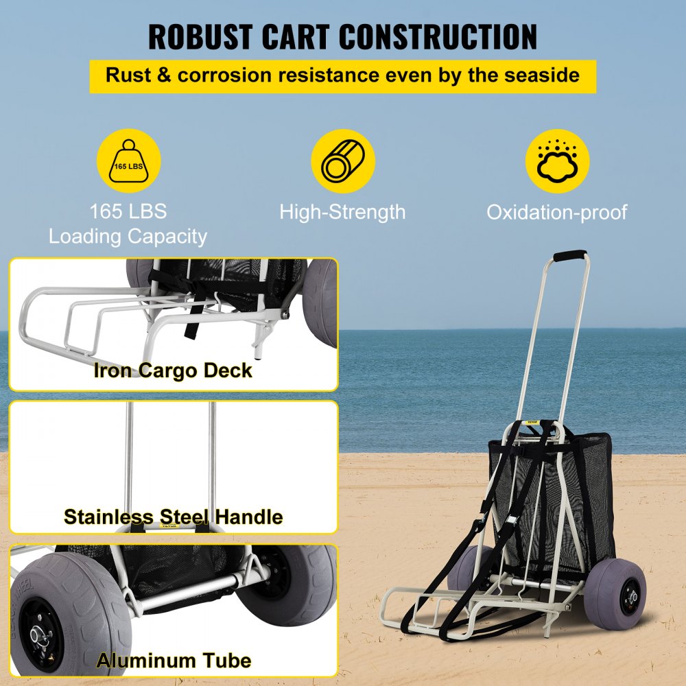 VEVOR Beach Carts for The Sand, w/ 10" PVC Balloon Wheels, 14" x 14.7 ...