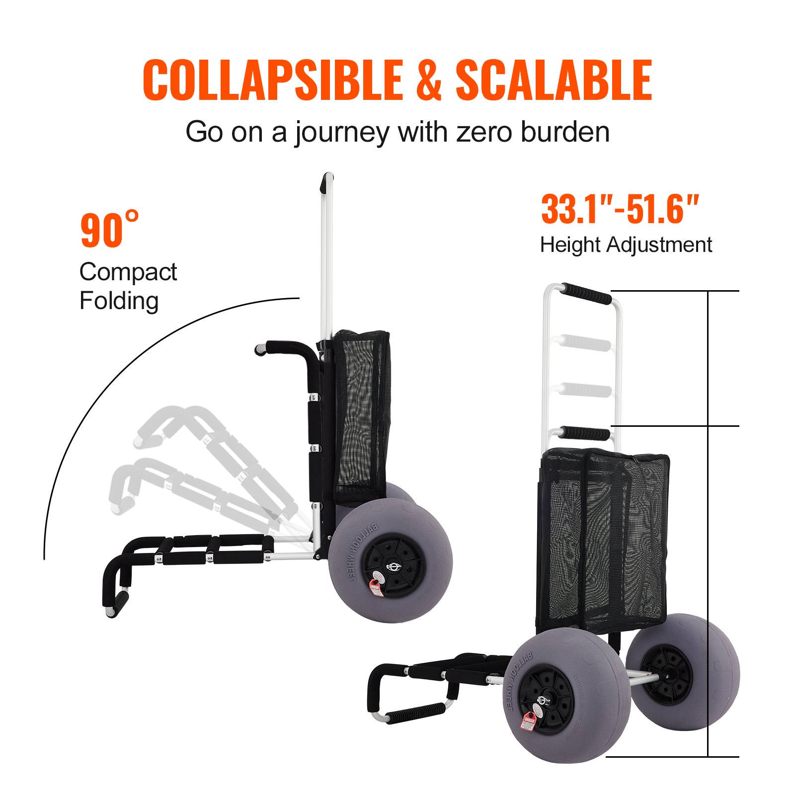 VEVOR Beach Carts for Sand, 23" x 15" Cargo Deck, w/ 13" TPU Balloon ...