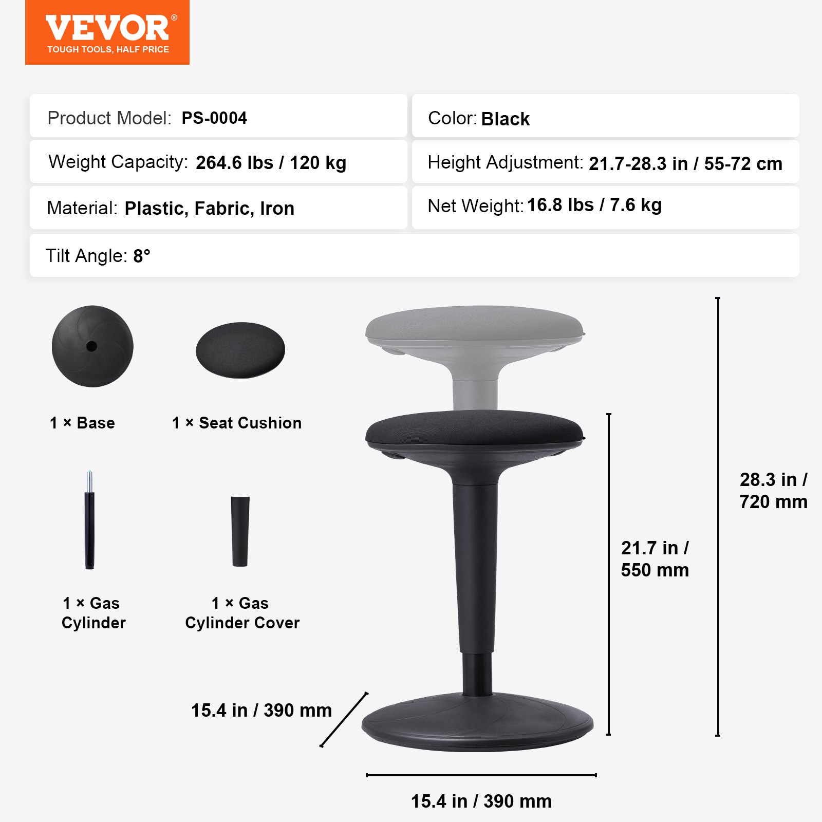 VEVOR Wobble Chair, Height-Adjustable (21.7-28.3") Active Chair ...