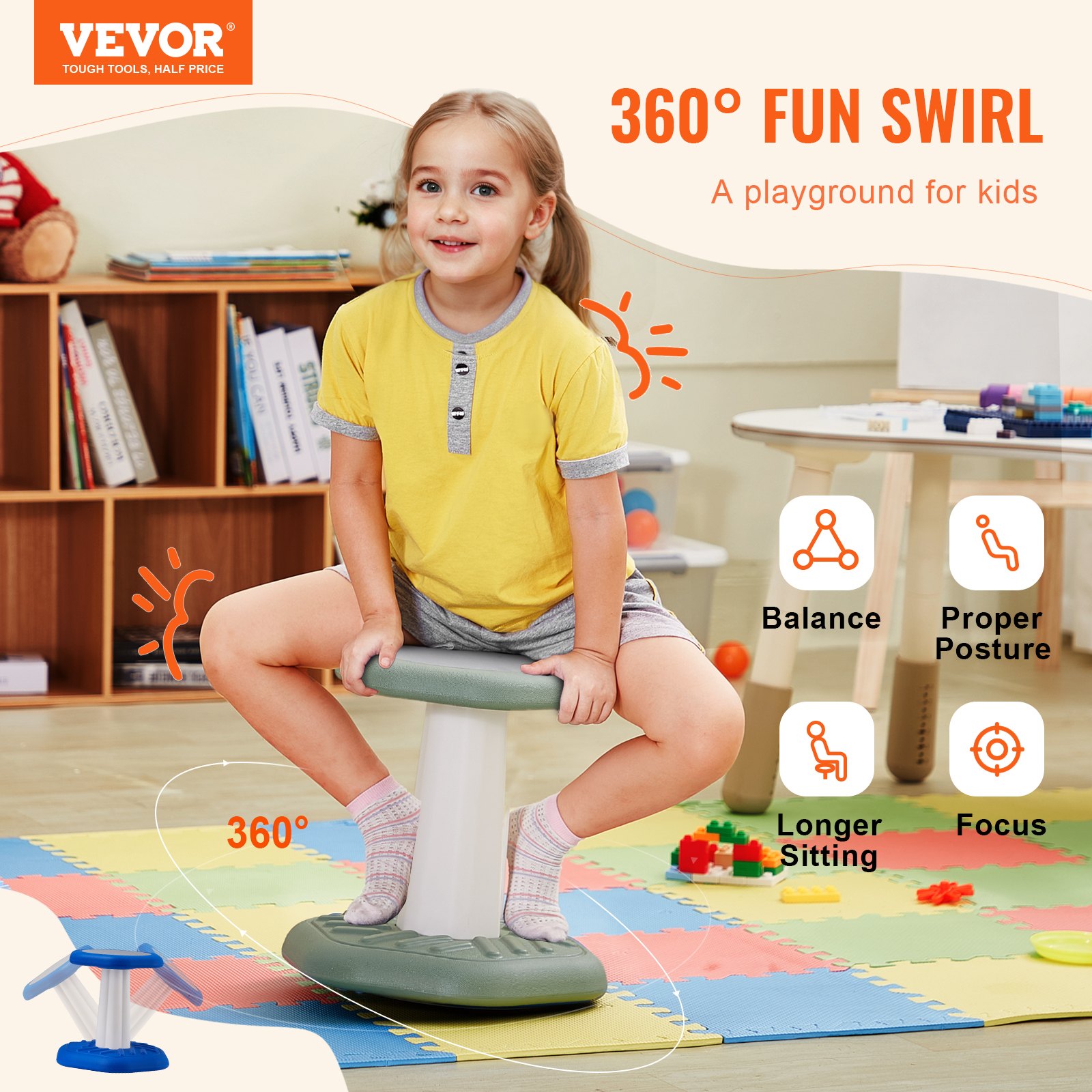VEVOR Wobble Chair for ADHD – 360° Swivel, Kids 3–7