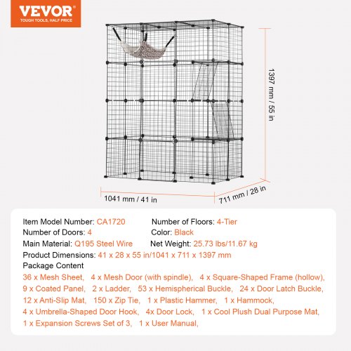 Large 4-tier Cat Cage 41 x 28 x 55" Metal Wire Cat Enclosure with ...