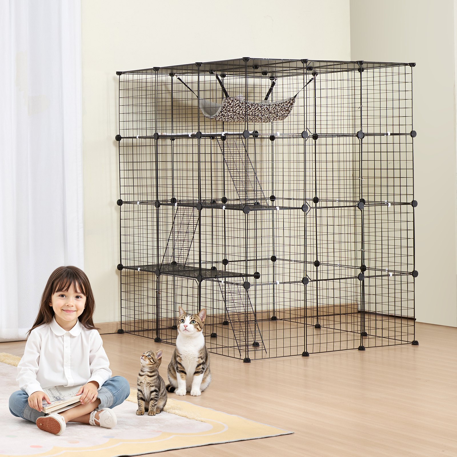 VEVOR Large 4-tier Cat Cage, 41 x 41 x 55", Detachable Metal Wire Cat ...