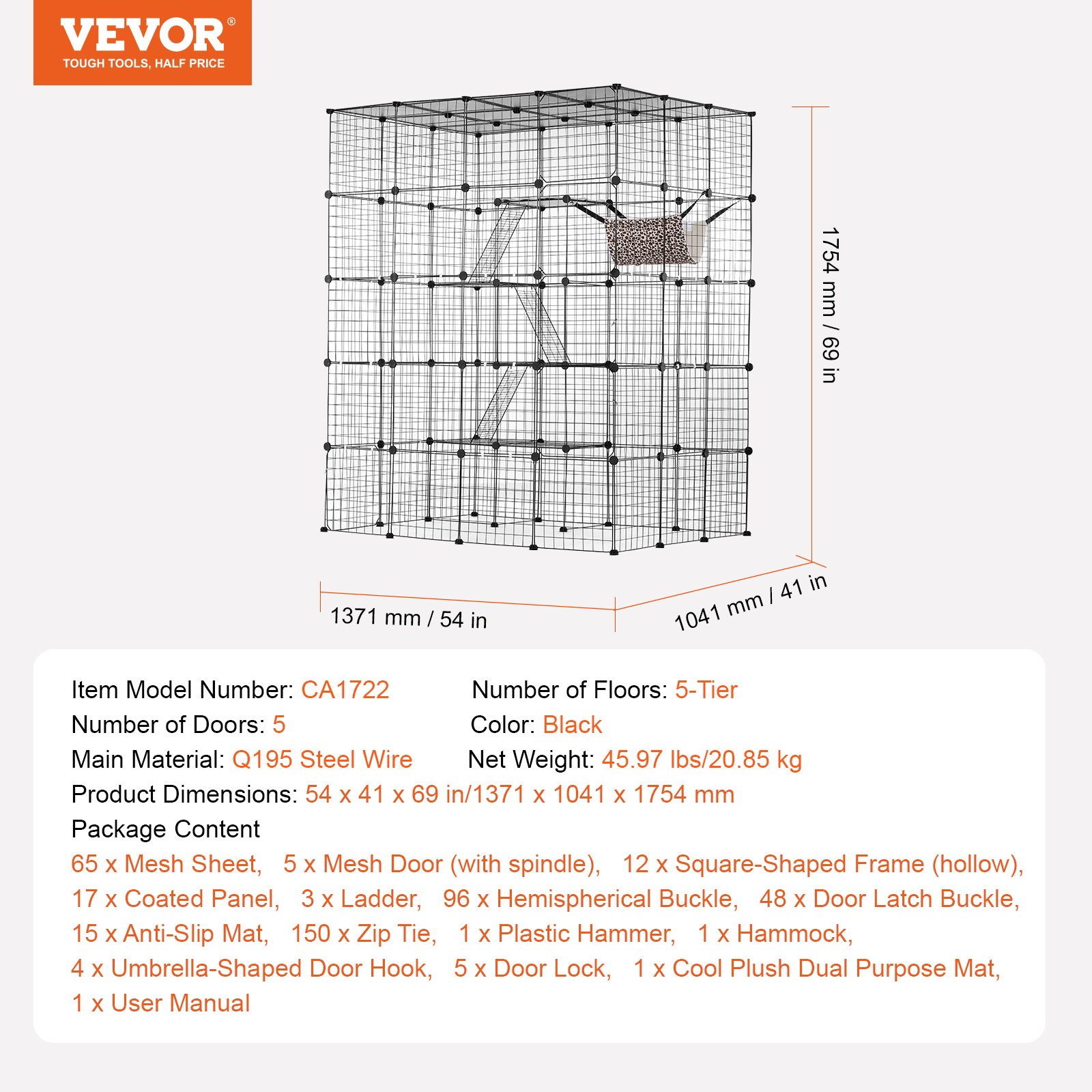 Large 4-tier Cat Cage 54 x 41 x 69" Metal Wire Cat Enclosure with ...