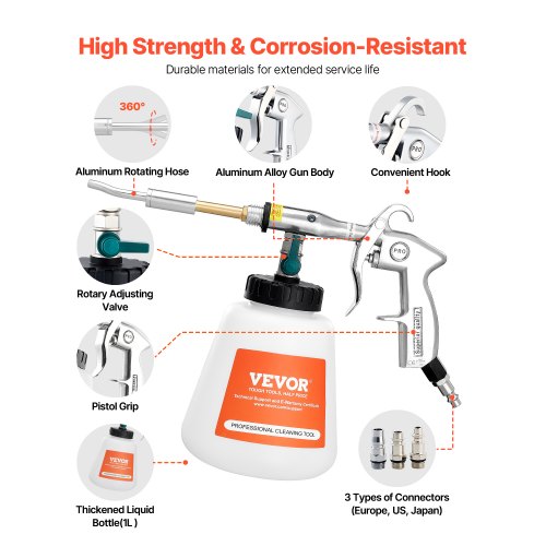 VEVOR Car Cleaning Gun, 6-9.2 Bar High-Pressure Air Blow Gun with 2 Set Nozzles & 1L Liquid ...