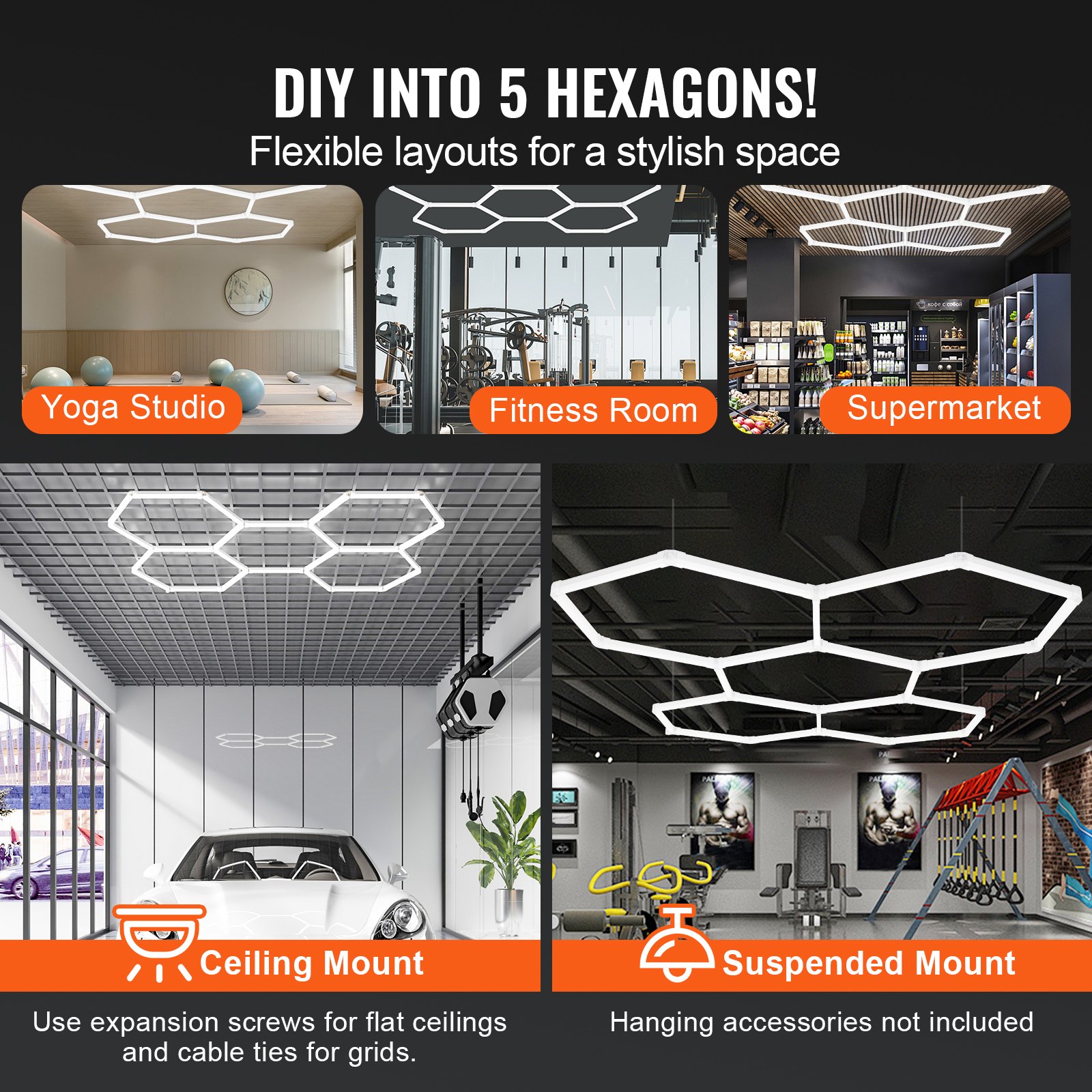 VEVOR Hexagon Garage Lights 26400LM 5 Grid Honeycomb LED Shop Ceiling ...