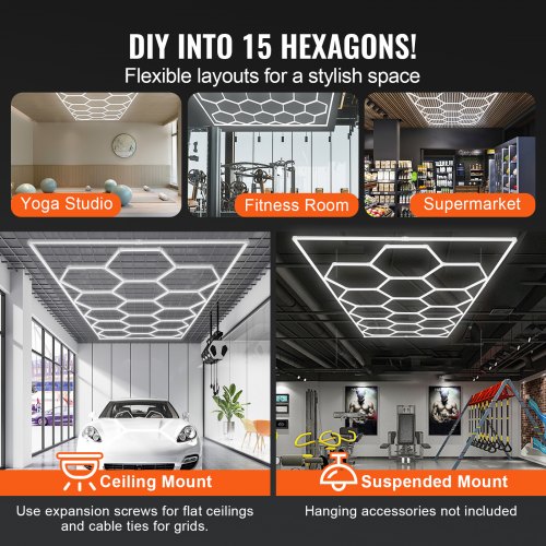 VEVOR Hexagon Garage Lights 66300LM 15 Grids Honeycomb LED Shop Ceiling ...