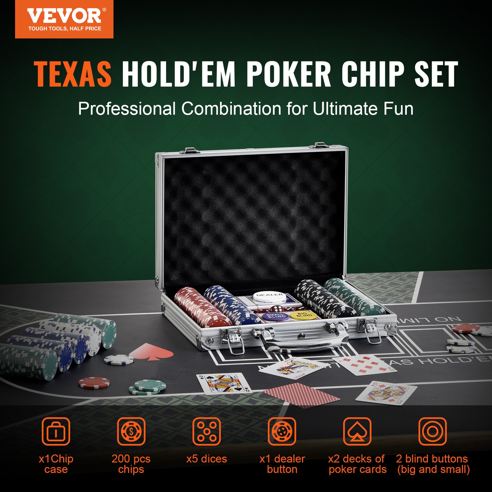 VEVOR Poker Chip Set, 200-Piece Poker Set, Complete Poker Playing Game ...