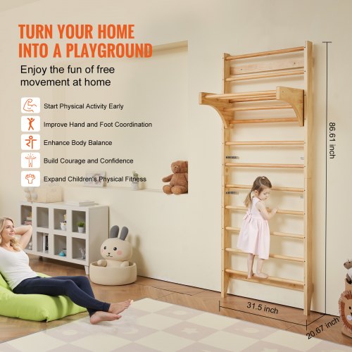 Swedish Ladder Wall Gym 10-Level Wooden Indoor Playground Climbing Toys ...