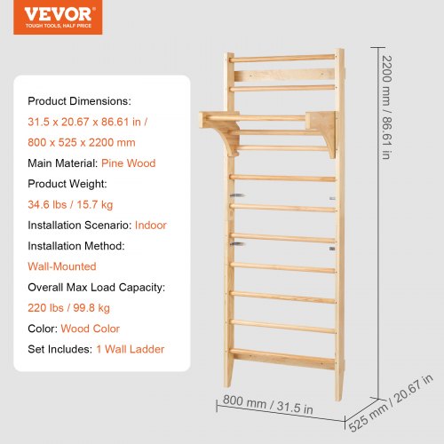 Swedish Ladder Wall Gym 10-Level Wooden Indoor Playground Climbing Toys ...
