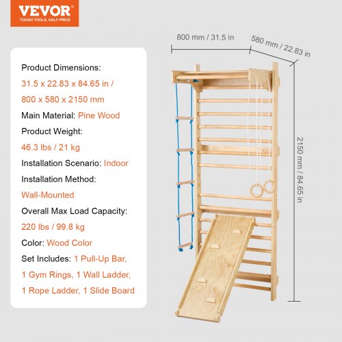 Swedish Ladder Wall Gym 5 in 1 Wooden Indoor Playground Climbing Toys ...