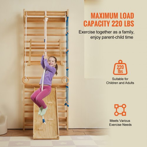 VEVOR Swedish Ladder Wall Gym, 8 in 1 Wooden Indoor Playground Climbing ...