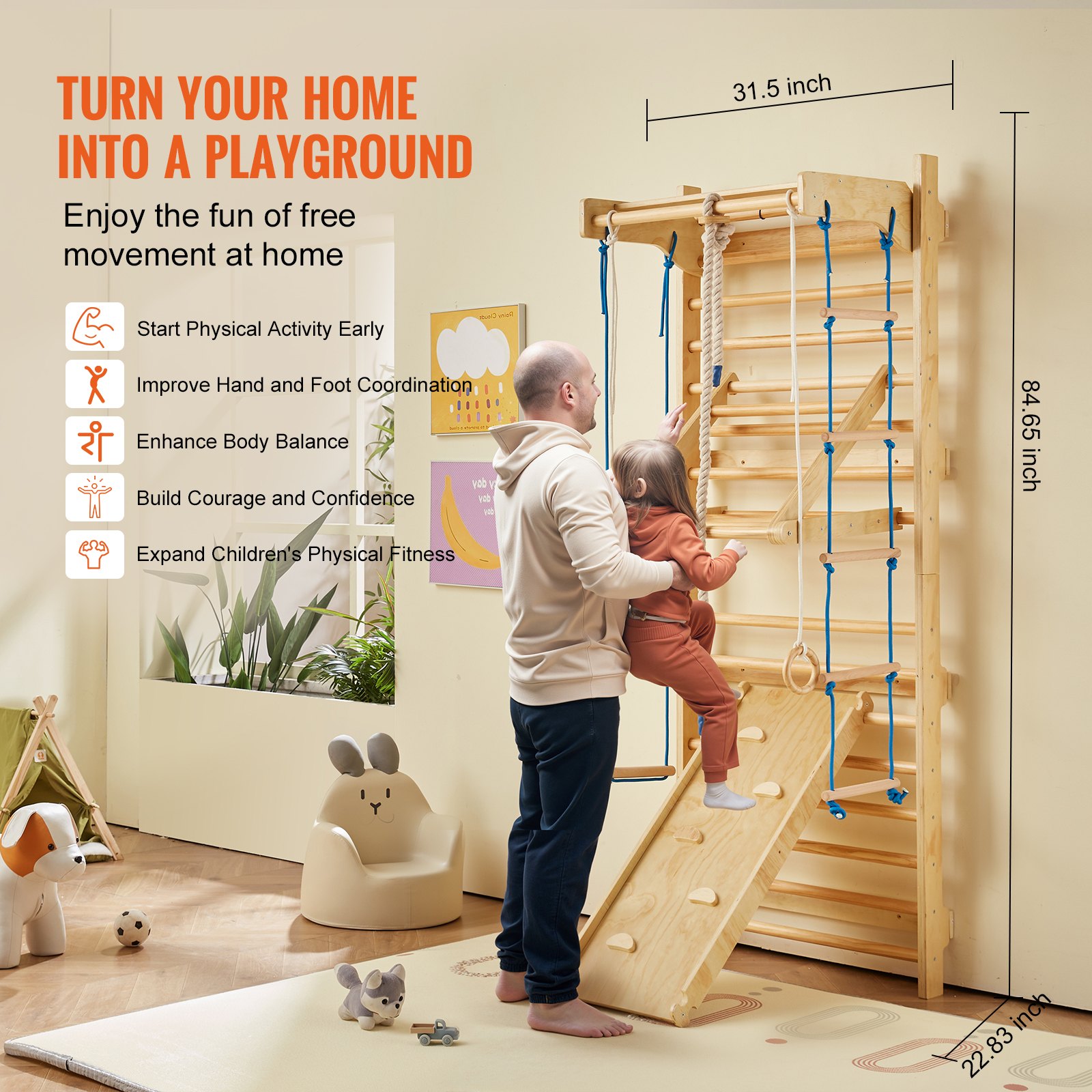 Swedish Ladder Wall Gym 8 in 1 Wooden Indoor Playground Climbing Toys ...