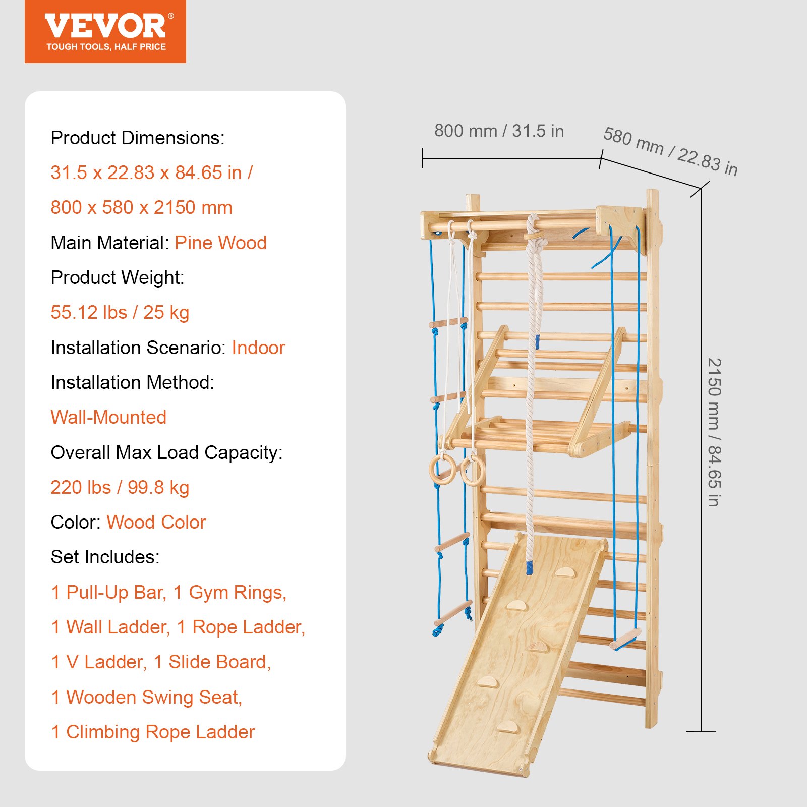 VEVOR Swedish Ladder Wall Gym Set – 8-in-1, 220 lbs Load