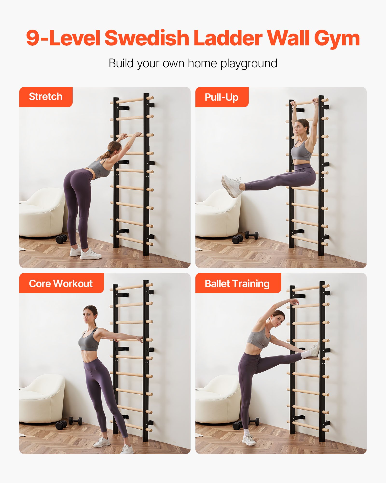 VEVOR Swedish Ladder Wall Gym, 9-Level Swedish Ladder Suspension ...