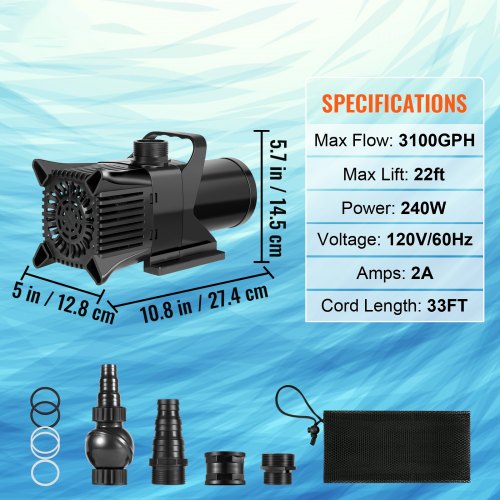VEVOR Submersible Water Pump 3100GPH Pond Pump 22FT 240W for Waterfall ...