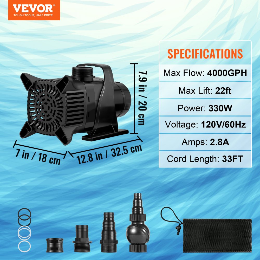 VEVOR Submersible Water Pump 4000GPH Pond Pump 22FT 330W for Waterfall ...