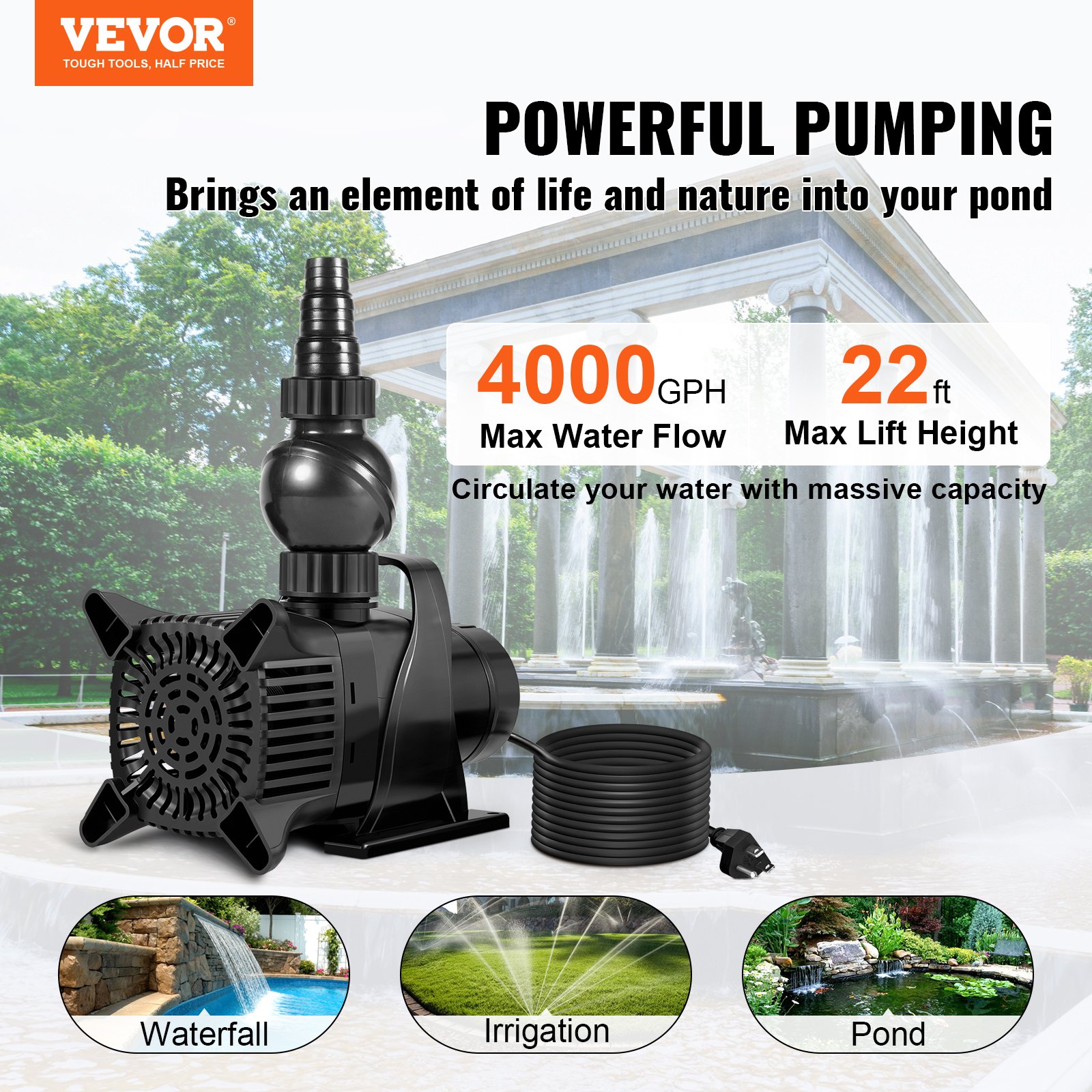 VEVOR Submersible Water Pump 4000GPH Pond Pump 22FT 330W for Waterfall ...