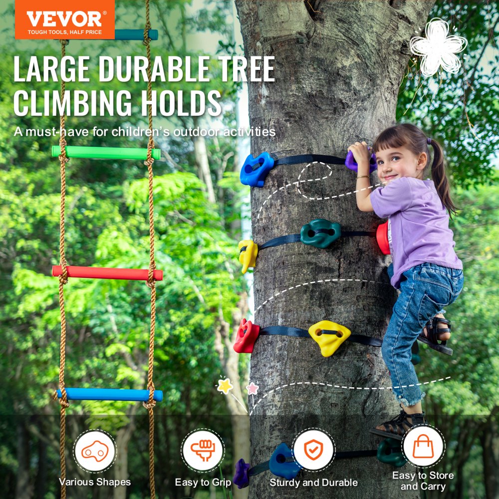 VEVOR Ninja Tree Climbing Kit, 12 Tree Climbing Holds, 6 Ratchet Straps ...