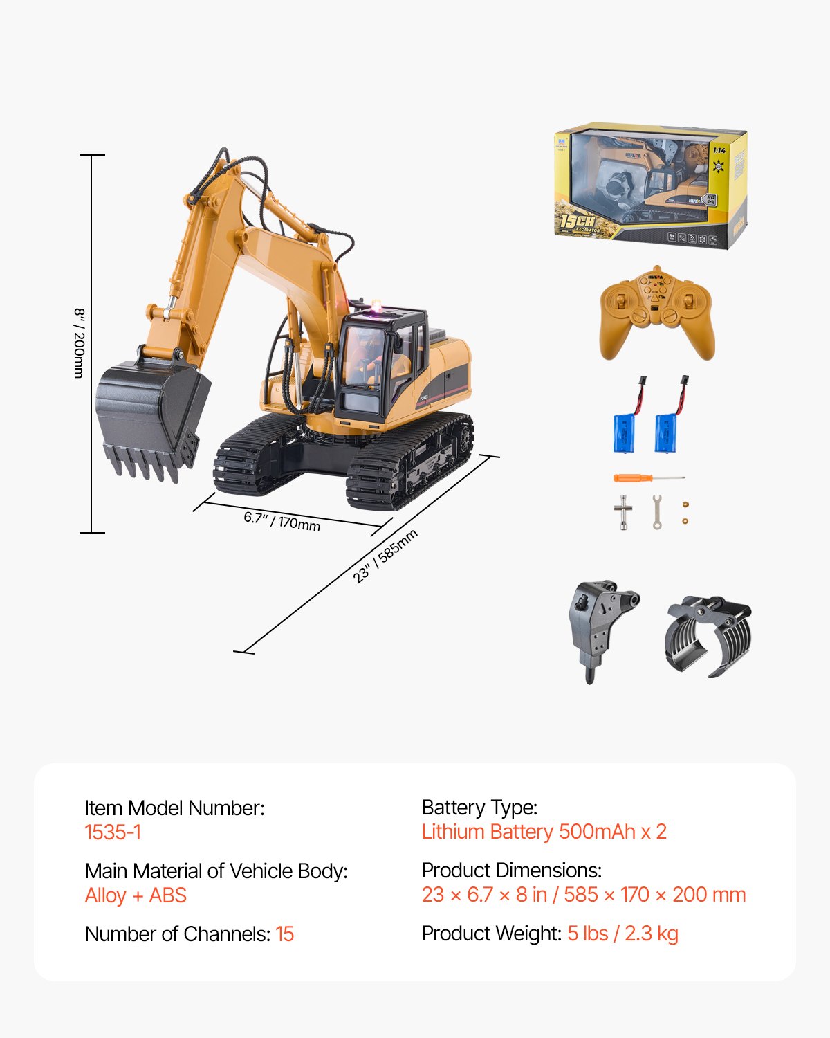 VEVOR Remote Control Excavator Toy, 15 Channel, 3 in 1 Remote Control ...