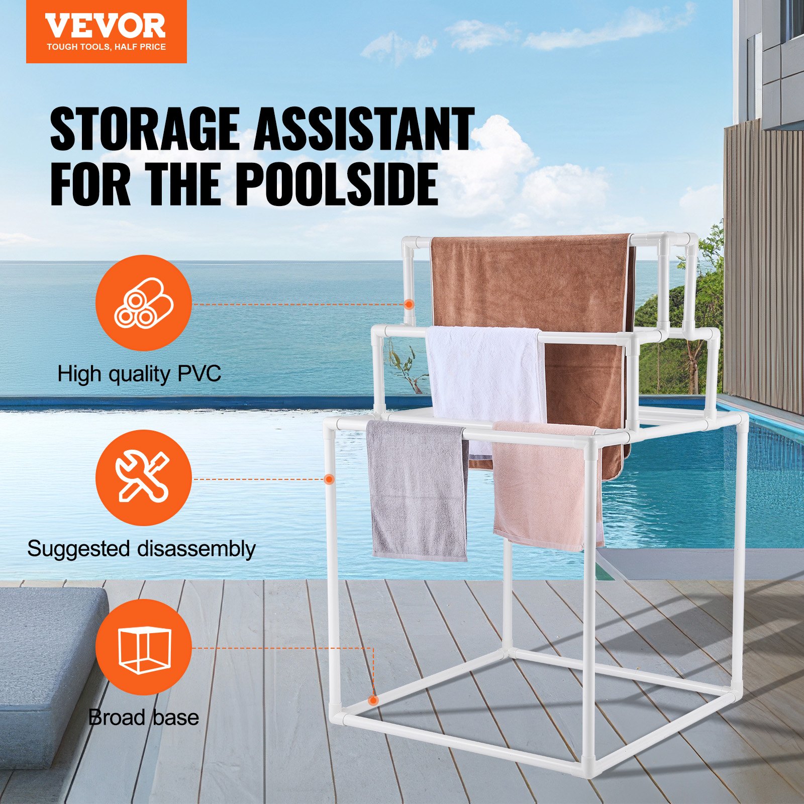 VEVOR PVC Towel Rack – 8-Bar Outdoor Pool Towel Stand